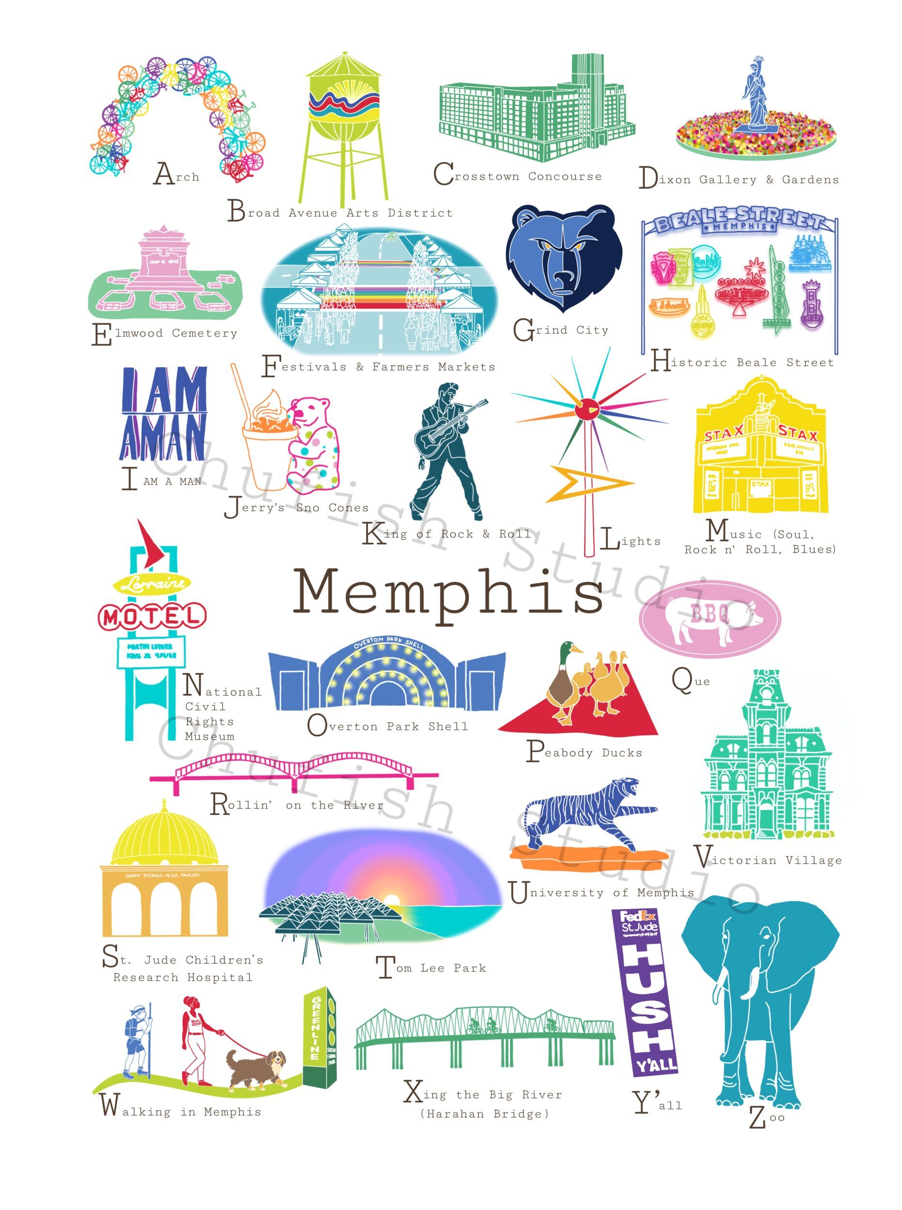 Memphis A to Z art print showcases 26 favorite Memphis locations